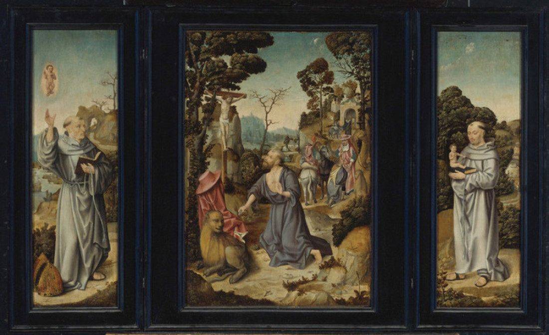 Triptych of the Penitent St. Jerome. Shutters: Sts. Bernard of Clairvaux and Athony of Padua ...