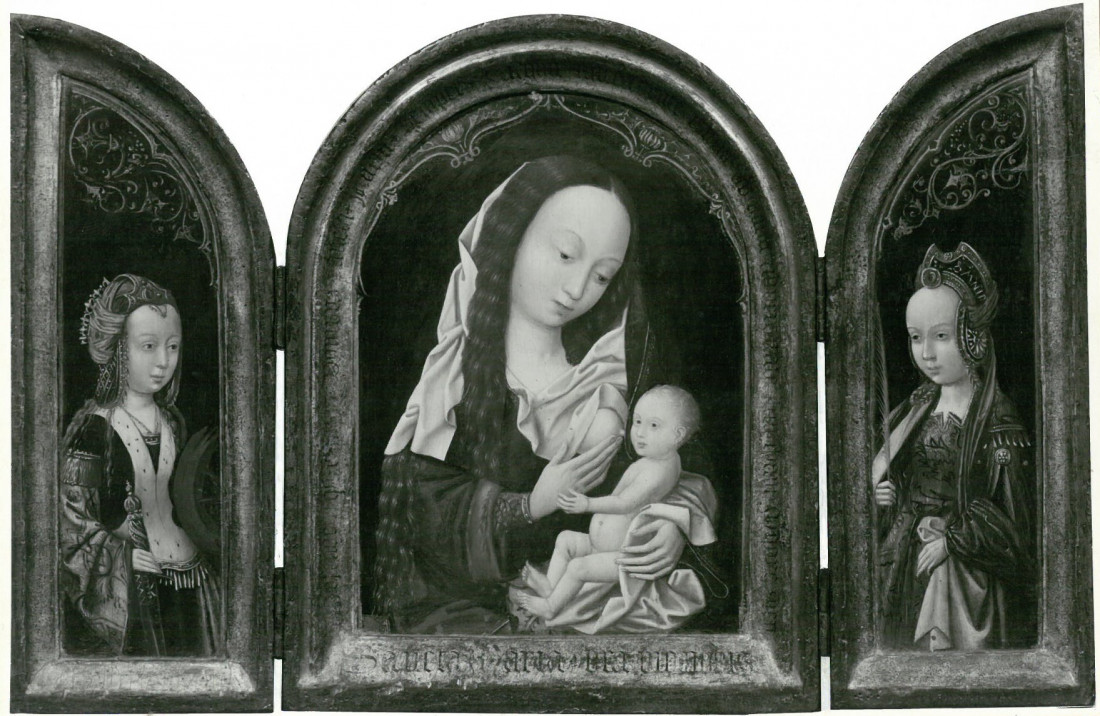 Altarpiece with Shutters, Virgin and Child. On the left shutter, St. Catherine. On the right: St ...