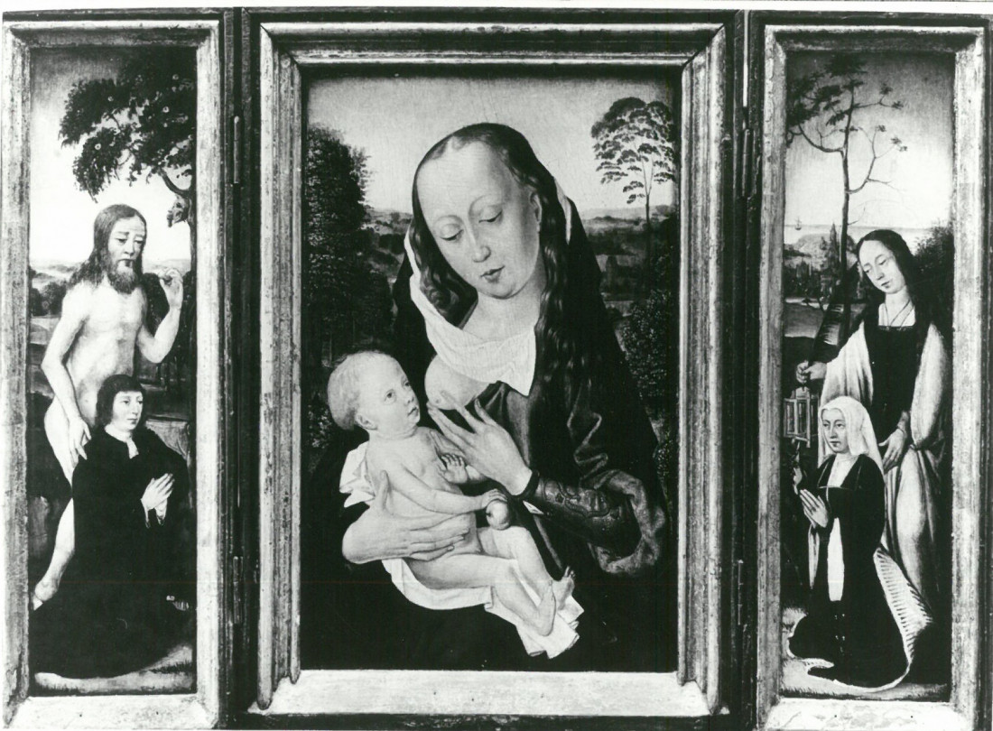 Triptych with Virgin and Child with an apple; Adam and a donor (left); St. Gudula and a donor ...