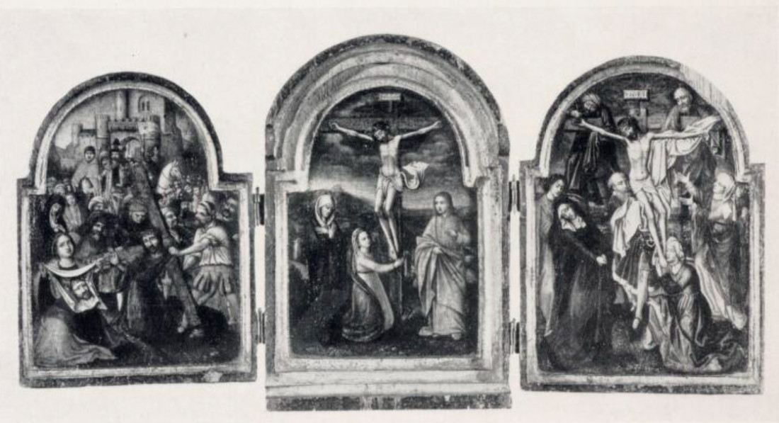 Triptych: centre: Crucifixion, St. Magdalene, Virgin, St. John ; left shutter, Christ carrying ...