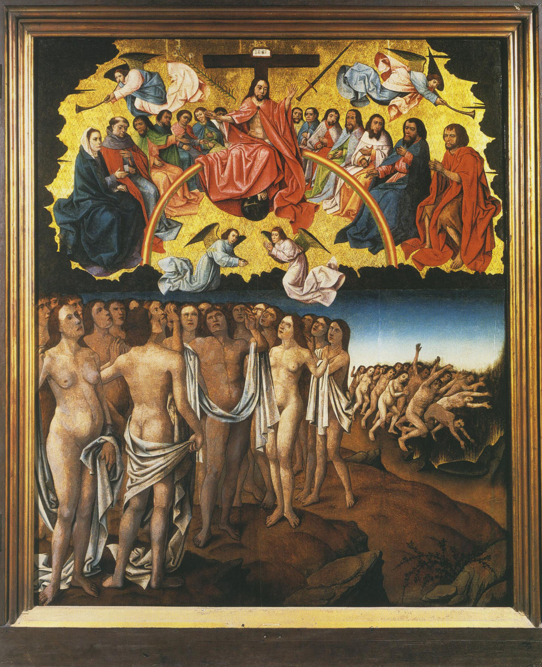 Altarpiece: centre, The Last Judgment, left shutter, Philip the Fair, standing, in full-length ...