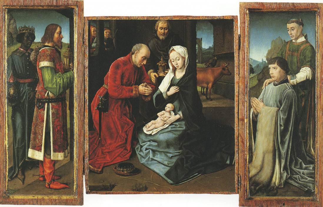 Altarpiece of the Adoration of the Magi ; left shutter, the two junior kings; right shutter, the ...