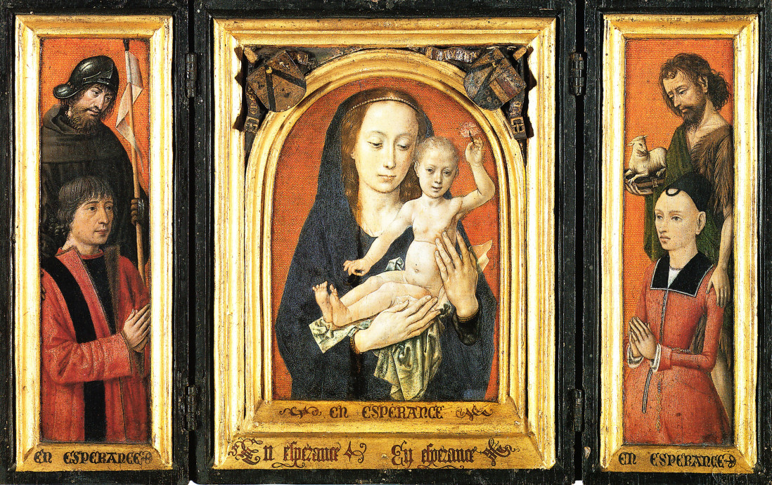 Triptych of the Virgin and Child with shutters showing the donor and his spouse with saints ...