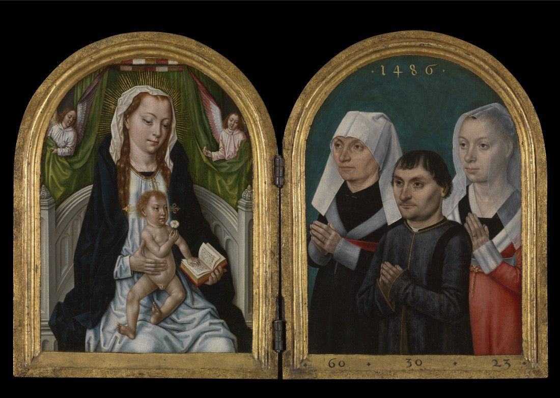 Diptych of the Virgin and Child with a Donor and two Donatrix; Reverse: left: the Cross, right ...