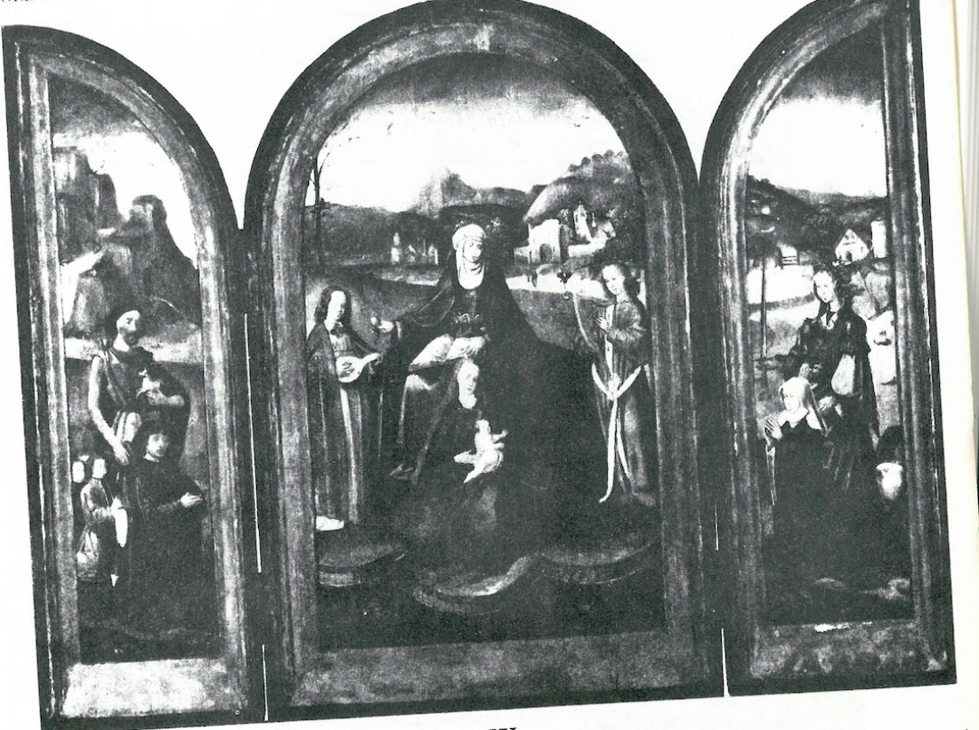 Triptych of the Virgin and Child with St. Anne and two musician angels; Shutters: left: St. John ...