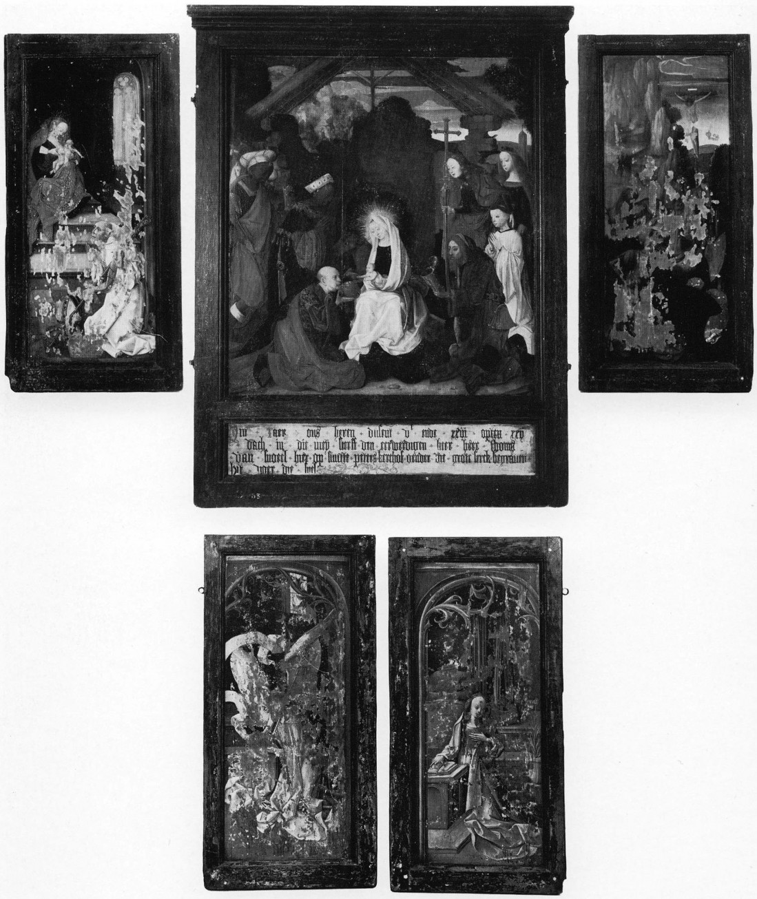 Altarpiece, The Adoration of the Magi. Left shutter, The vision of St Bernard; right shutter, St ...