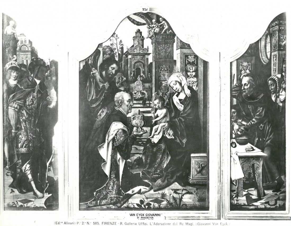 Triptych: centre panel: Adoration of the Magi ; left shutter: rest of the Magi Procession ...