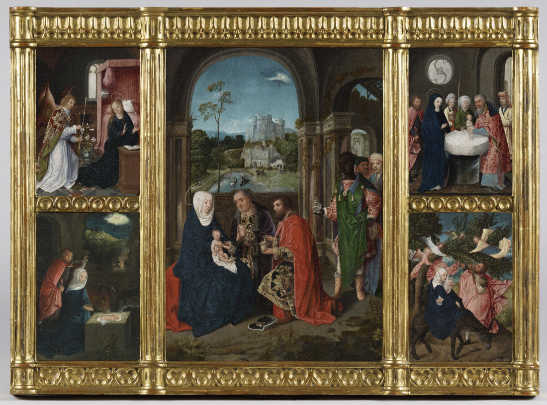 Altarpiece of the Adoration of the Magi; left shutter: the Annunciation, the Nativity; right ...