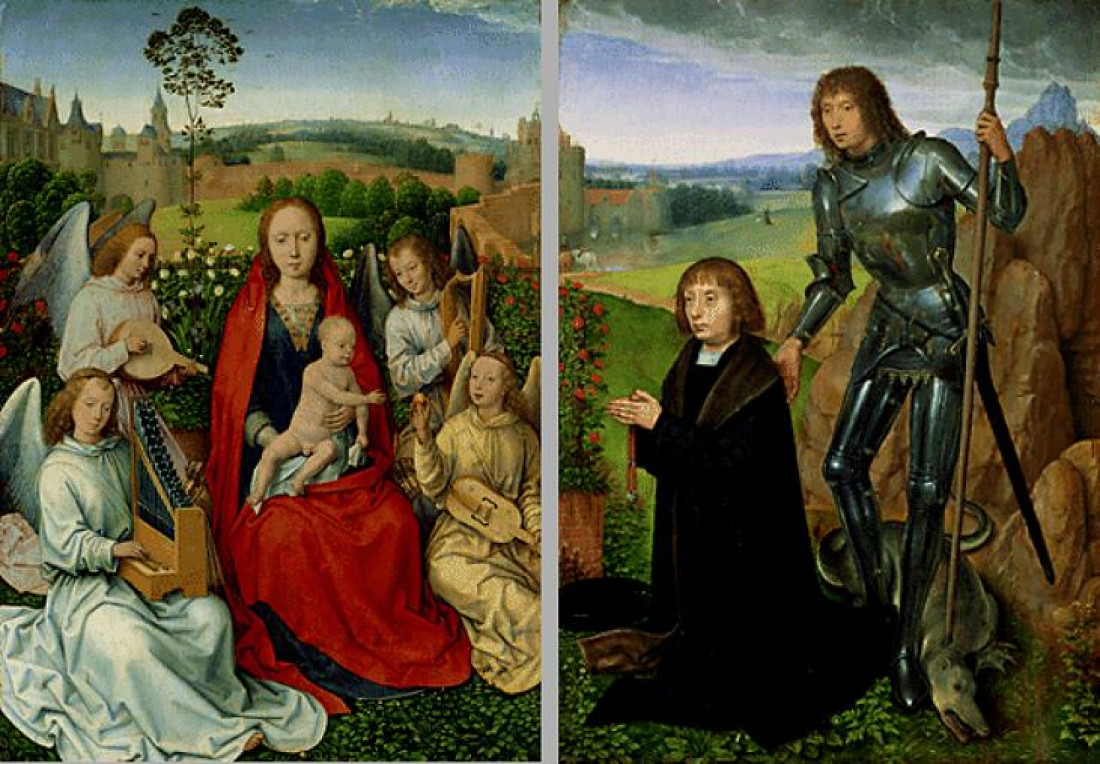 Diptych with Virgin and Child with Four Angels (left shutter) and Donor with St. George (right ...