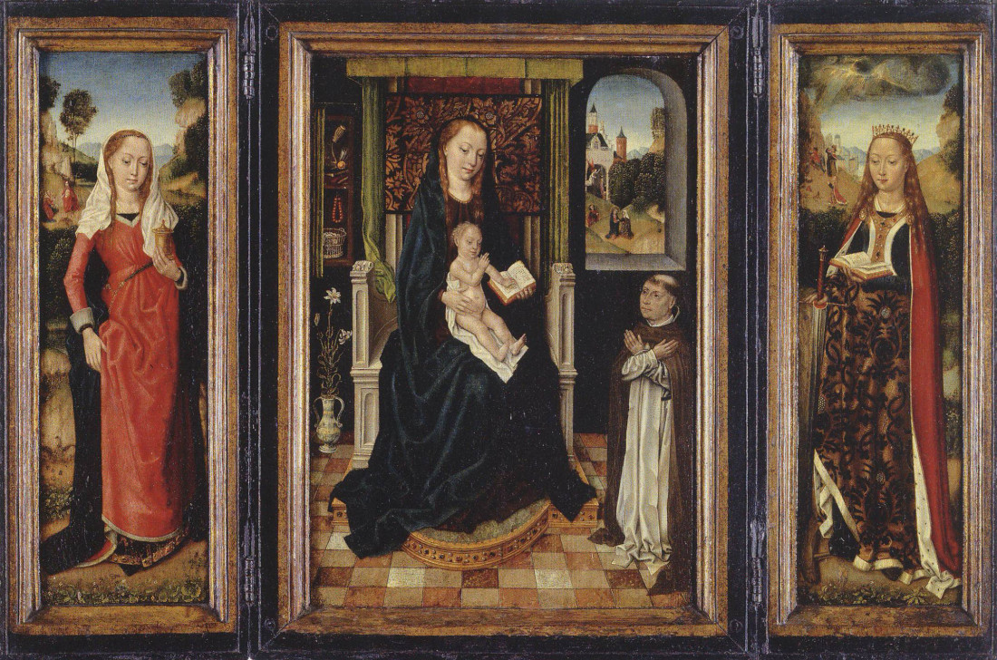 Triptych of the Virgin and Child Enthroned with a Clerical Donor; Shutters: left: St. Mary ...