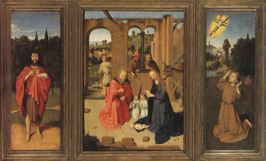 Altarpiece with Shutters: Centre, The Nativity; left, St. John the Baptist; right, St. Francis ...