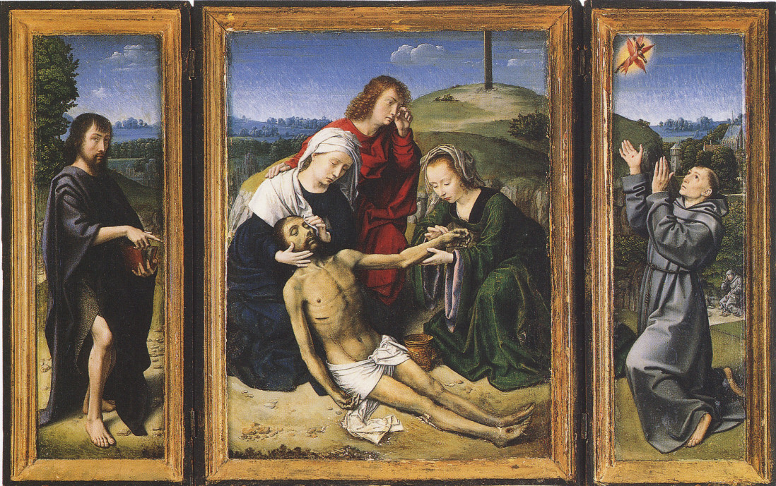 Altarpiece with Shutters: Centre, The Lamentation; left, St. John the Baptist; right, St ...