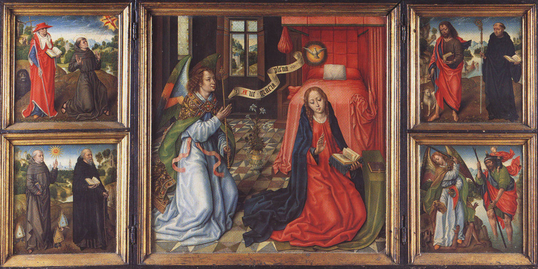 Altarpiece of the Annunciation; left shutter, Sts. Jerome, Francis, Bernardin of Sienna, Anthony ...