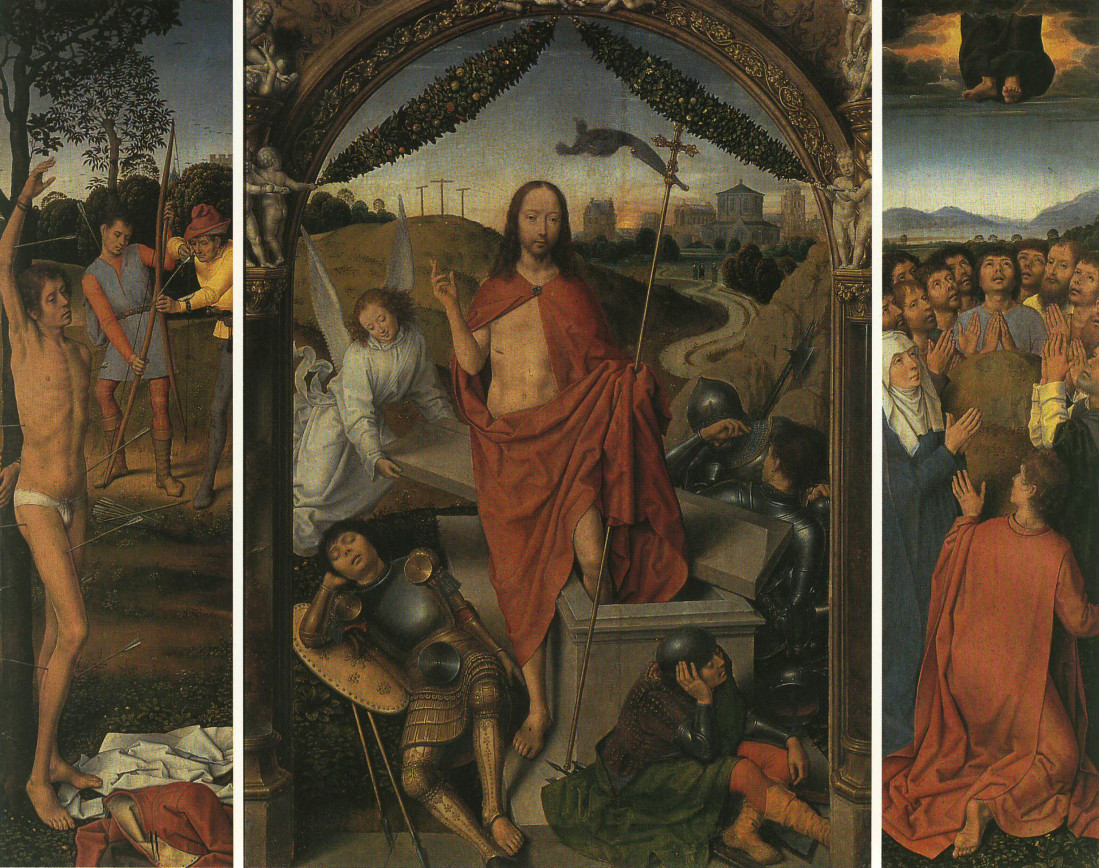 Altarpiece with Shutters: Centre, The Resurrection; left, The Martyrdom of St. Sebastian; right ...