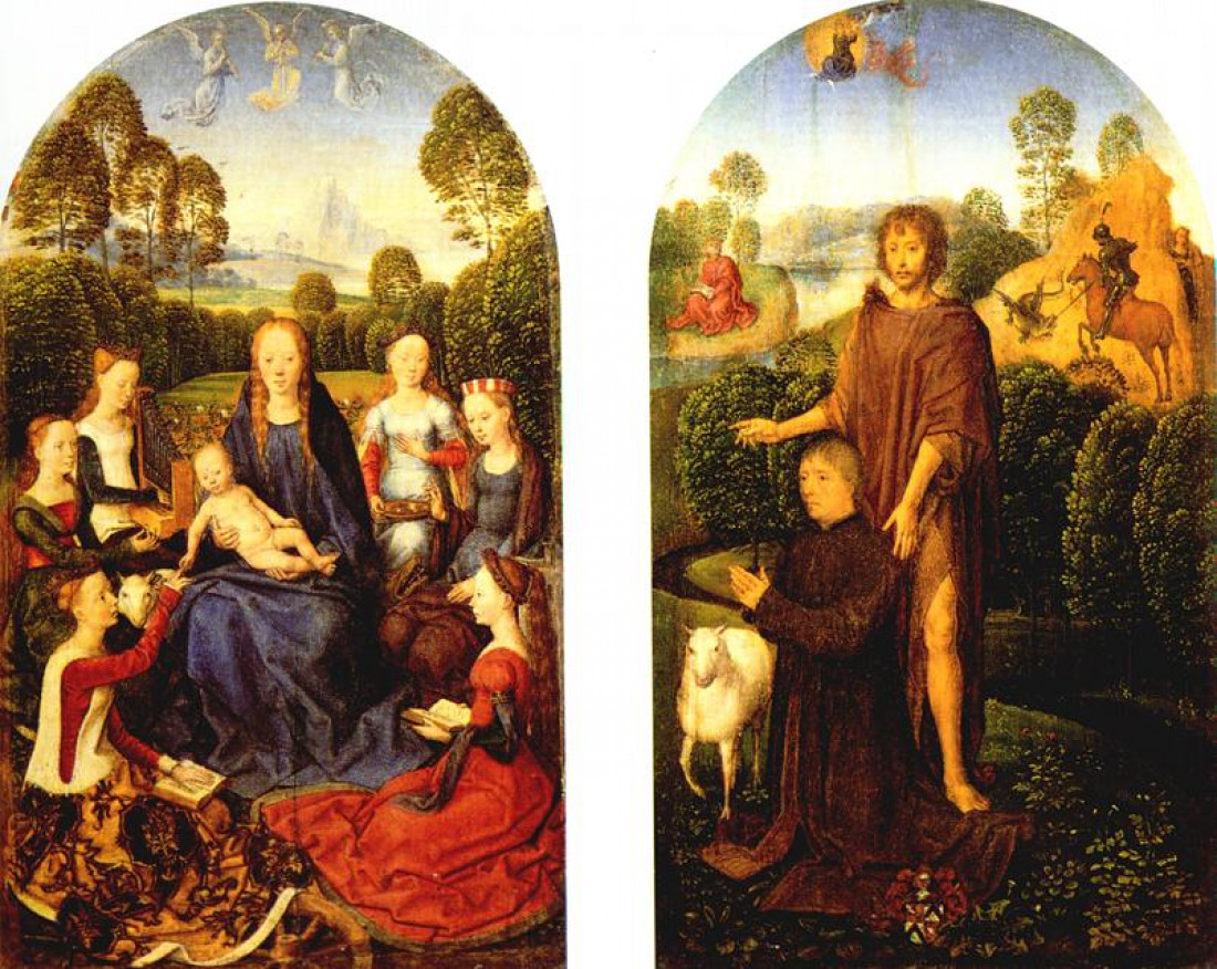 Diptych: Virgin and Child with Six Female Saints; St. John the Baptist with a Donor, in the ...