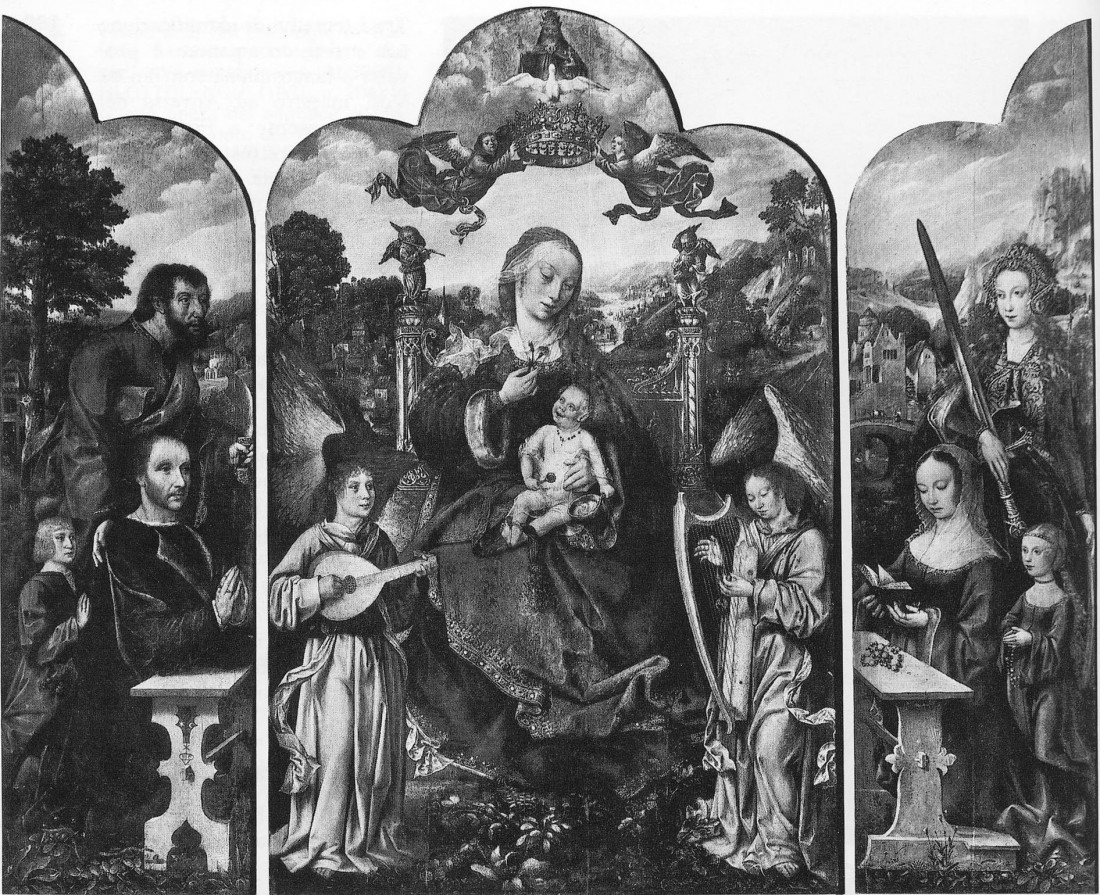 Altarpiece of the Virgin Enthroned, with two Musician Angels ; shutters: Donor and Donatrix with ...