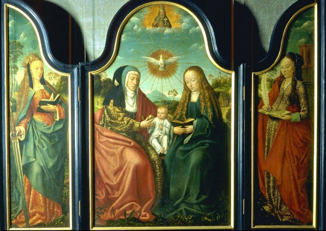 Triptych of St. Anne and the Virgin and Child ; shutters: Sts. Catherine and Barbara ; reverse ...