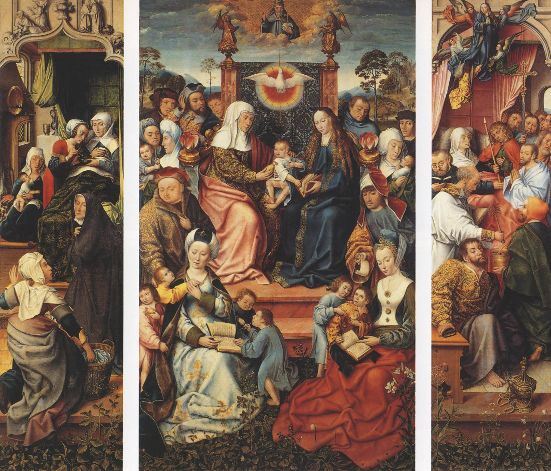 St. Anne Altarpiece : centre panel: the Holy Kindred ; left shutter: Birth of the Virgin ; right ...