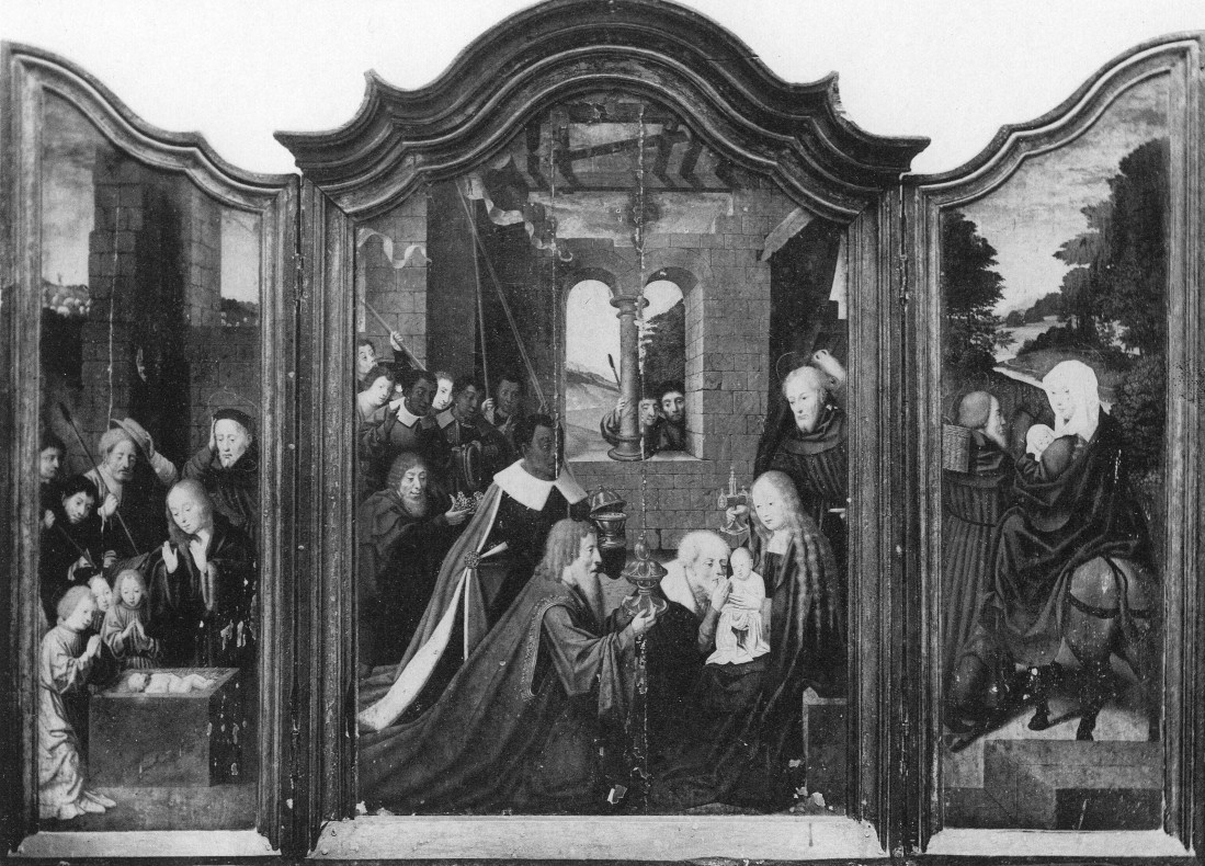 Altarpiece with Shutters, The Adoration of the Magi : left, The Nativity; right, Th Flight into ...