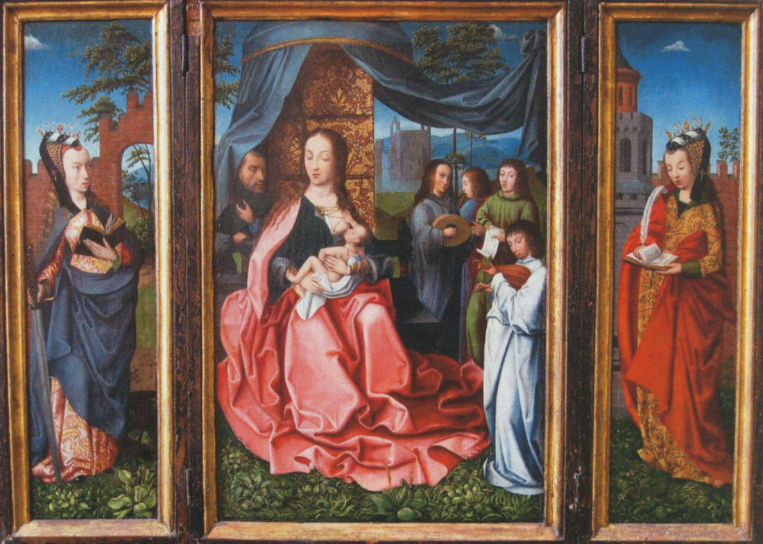 Altarpiece with Shutters, The Holy Family, with four music-making angels: left, St Catherine ...