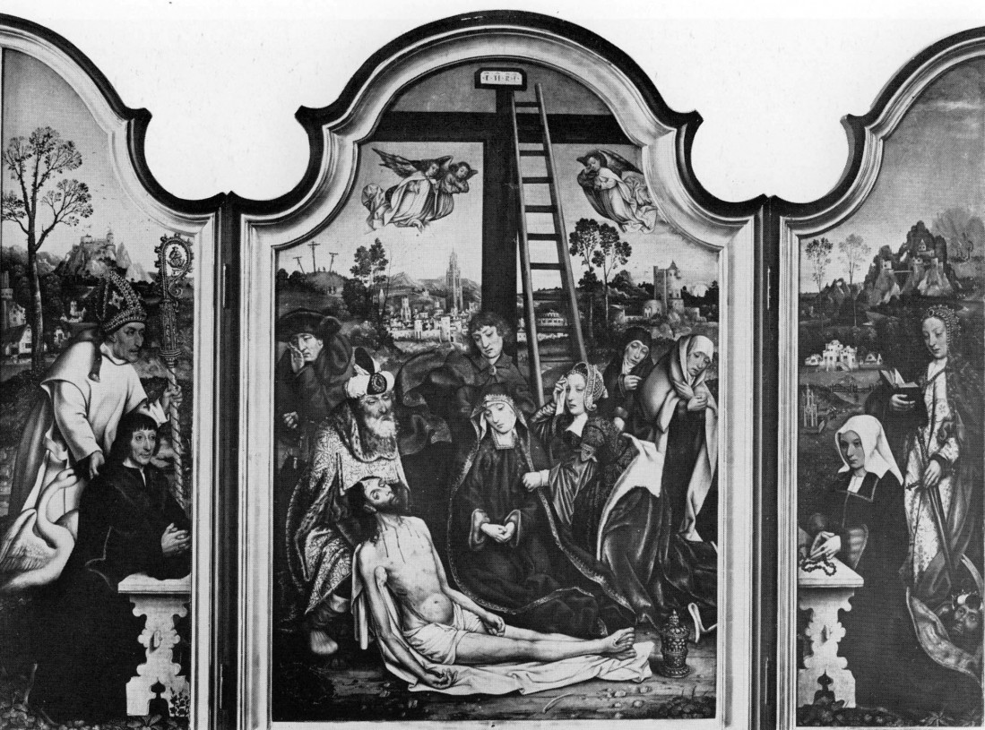 Altarpiece of the Lamentation: left shutter, St. Hugo with donor ; right shutter, St. Catherine ...