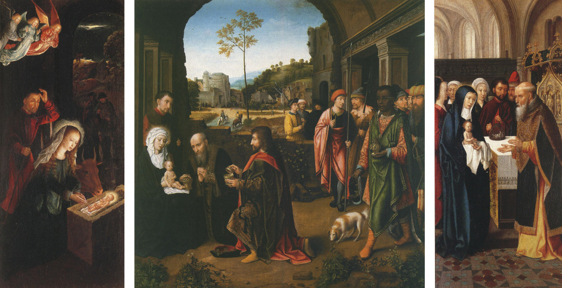 Triptych of the Adoration of the Magi; left shutter: the Nativity, right shutter: the ...