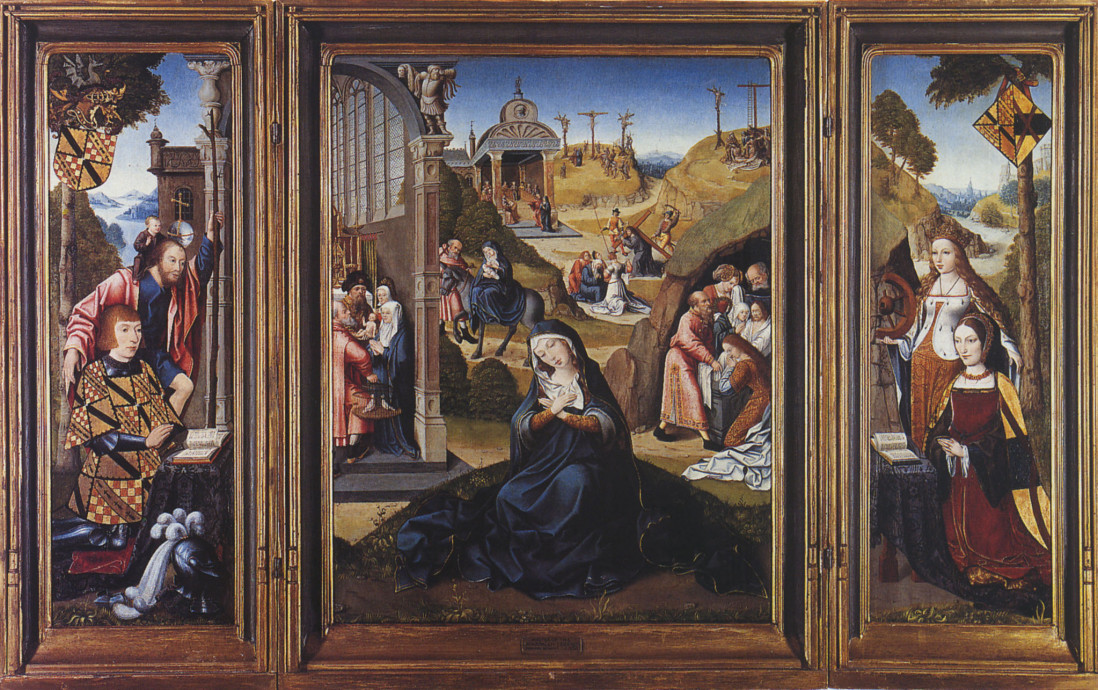 Altarpiece with Shutters, The Seven Sorrows of Mary. Left, St. Christopher with a donor ; right ...