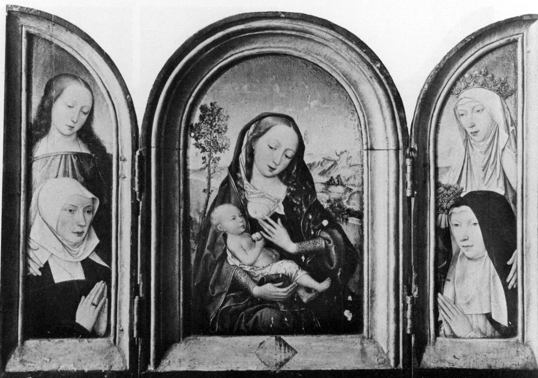 Altarpiece with shutters, Virgin and Child in half-length. On each shutter, a female saint with ...