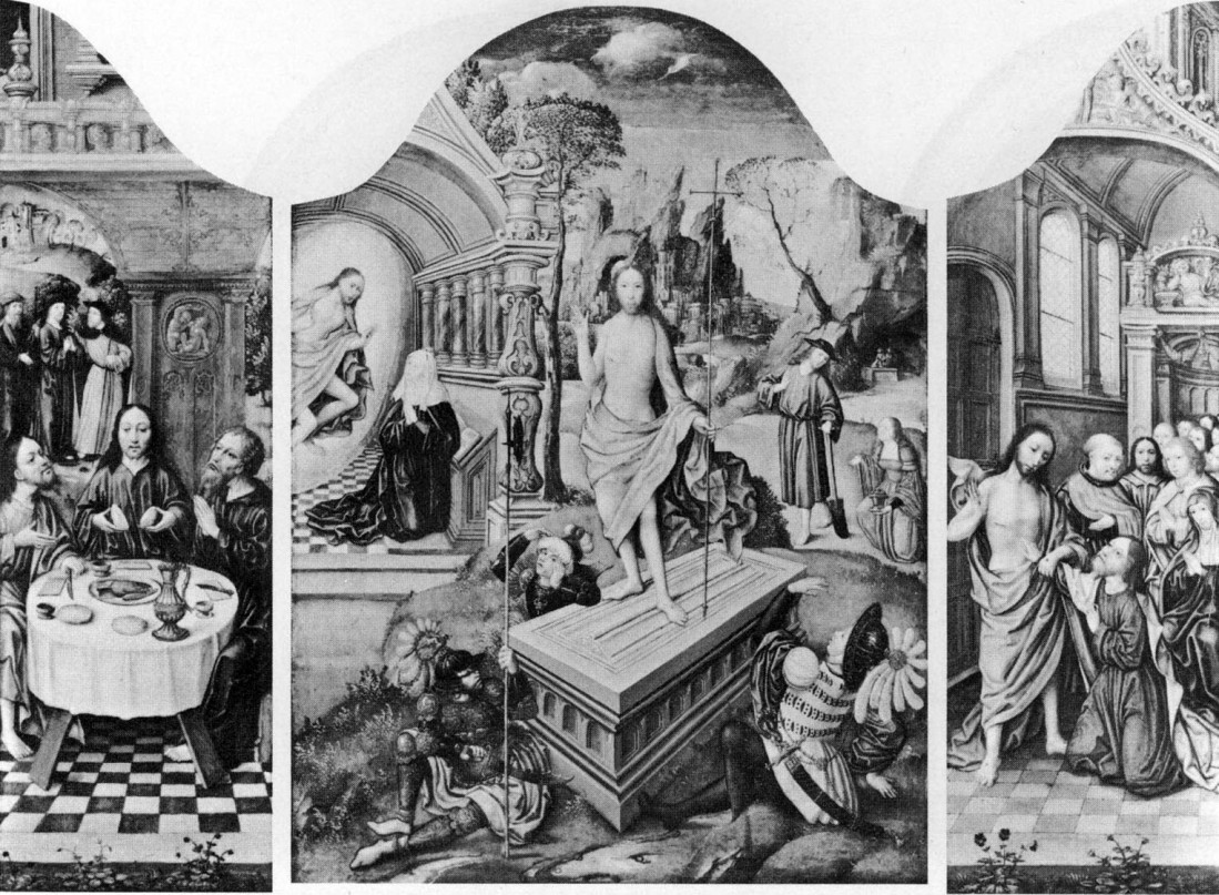 Altarpiece with Shutters, The Resurrection. Left, Christ in Emmaus ; right, Christ and St ...