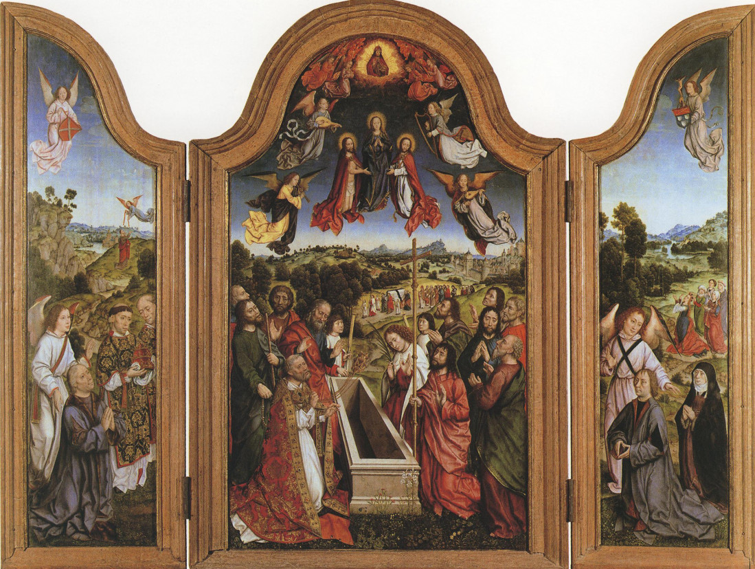 Altarpiece with Shutters: Centre, Assumption of the Virgin; right, the painter and his wife, as ...