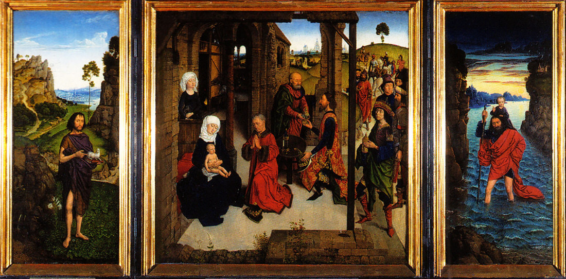 Altarpiece with Shutters: Centre, The Adoration of the Magi; left, St. John the Baptist; right ...
