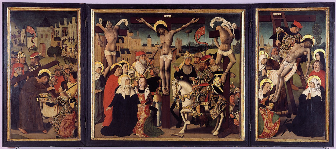 Triptych of the Passion: central panel Calvary; shutters: Christ carrying the Cross, Lamentation ...