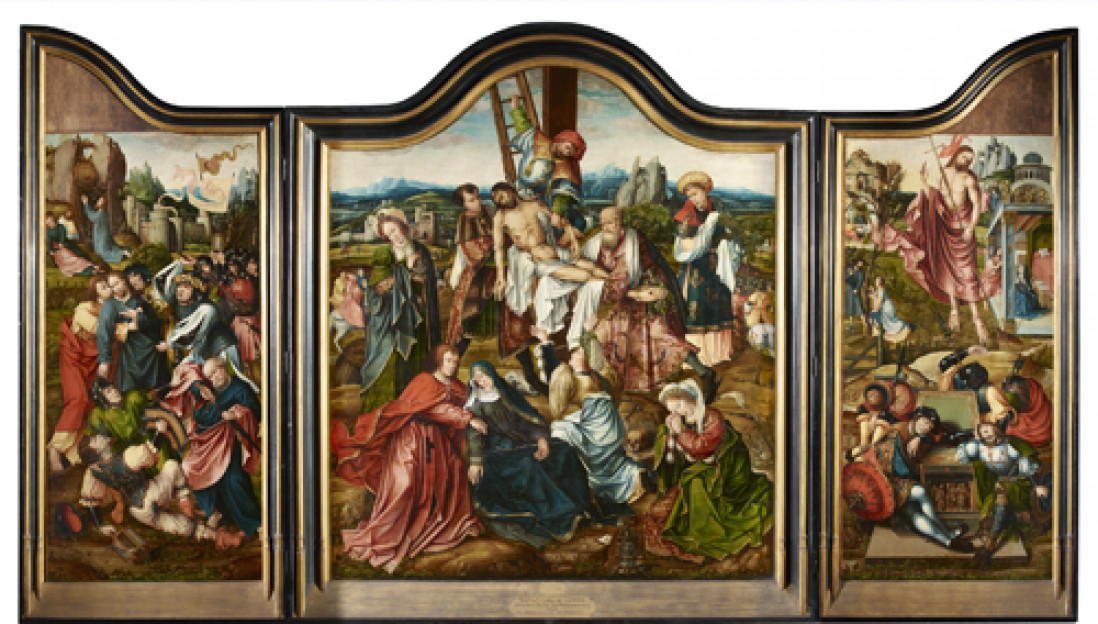 Triptych of the Descent from the Cross, the Resurrection, the Betrayal, the Mass of St. Gregory ...