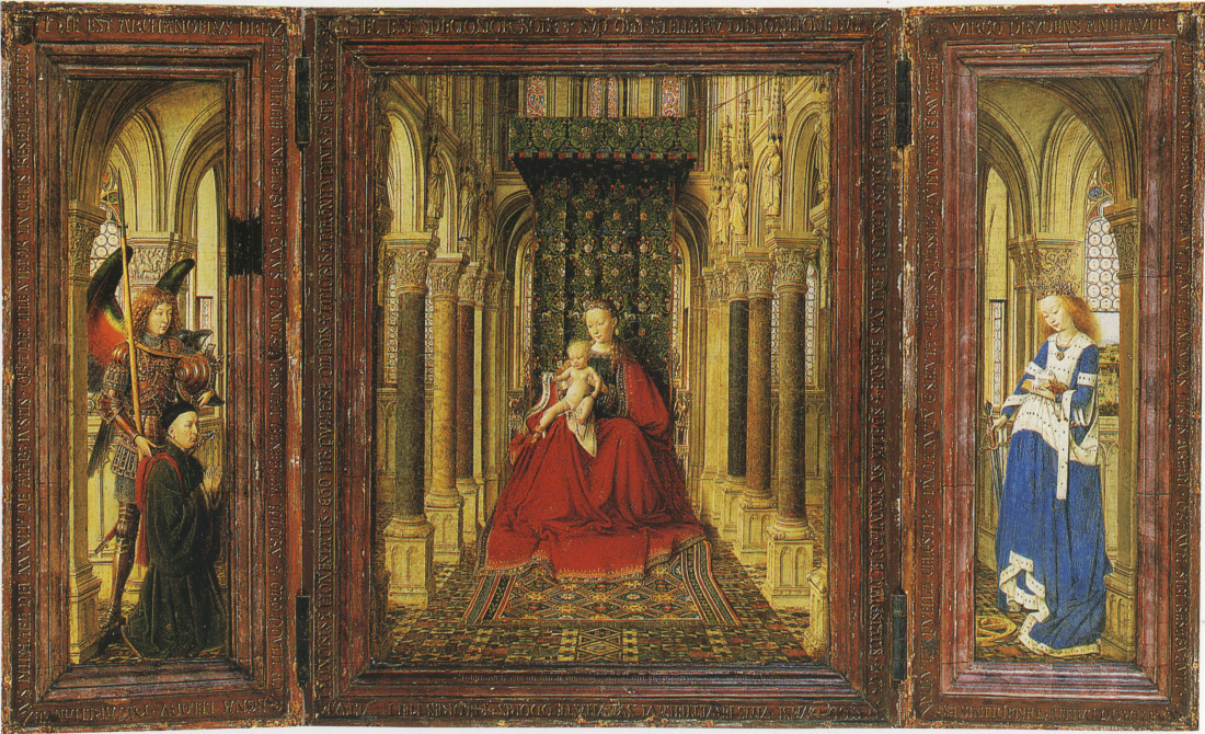 Triptych of the Virgin and Child with Donor and St Michael (left shutter) and St. Catherine ...